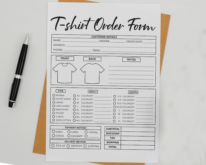 Fillable T-shirt Order Form Template, Editable Shirt Order Form, PDF ...
