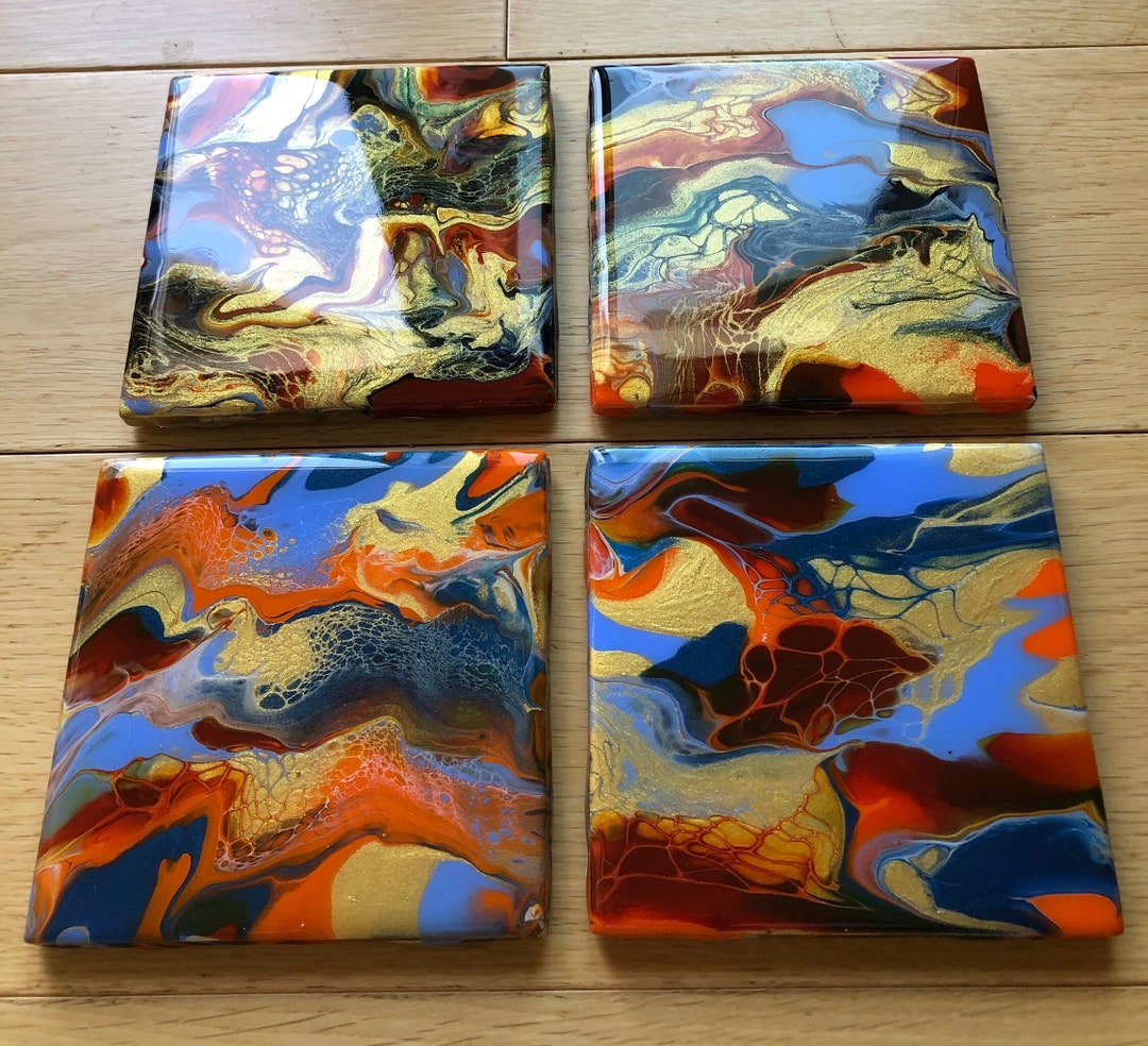 Set of Four 4 Handcrafted Acrylic Pour Ceramic Coasters - Etsy