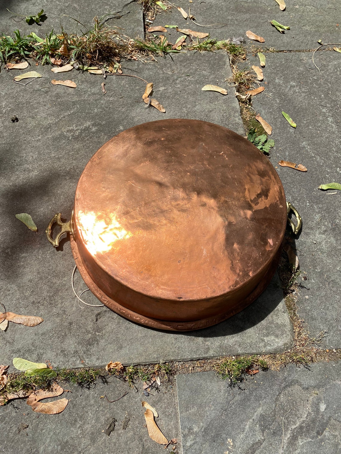 Copper Planter Round Pot Vintage Cooking Pan With Ornate Brass Handles ...