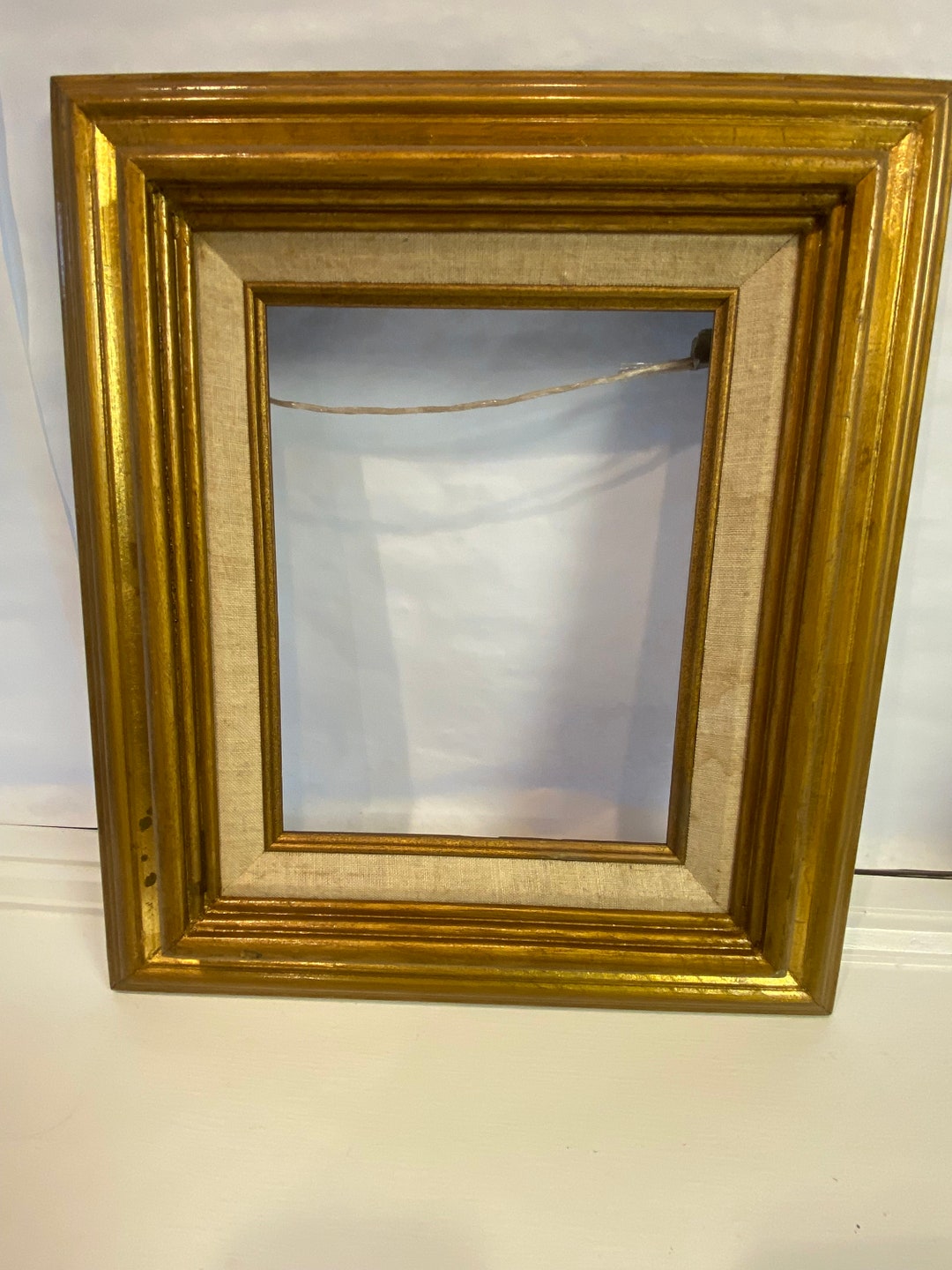 Antique Picture Frame Wood. Carved Edge Decoration. Off-white Linen and ...