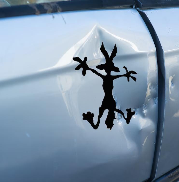Black Wile E Coyote Wall Splat Silhouette Dent Decal Sticker Funny 4" X ...