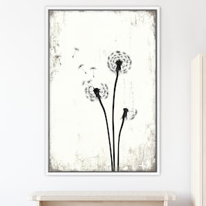 Black and White Grunge Dandelion Flower Canvas Art Print, Frame Large ...