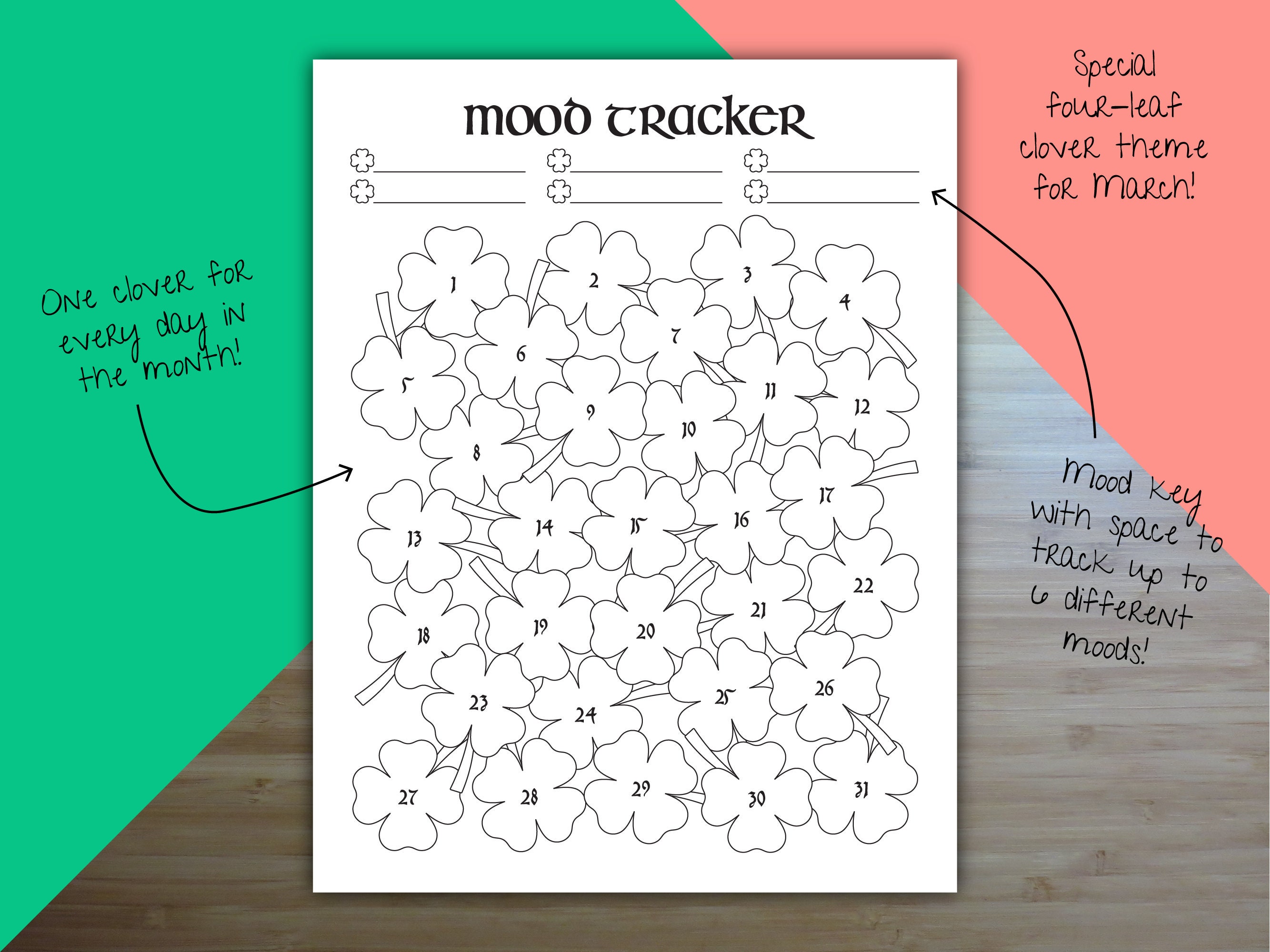 Clover Mood Tracker, Monthly Mood Tracker, March Themed Trackers ...