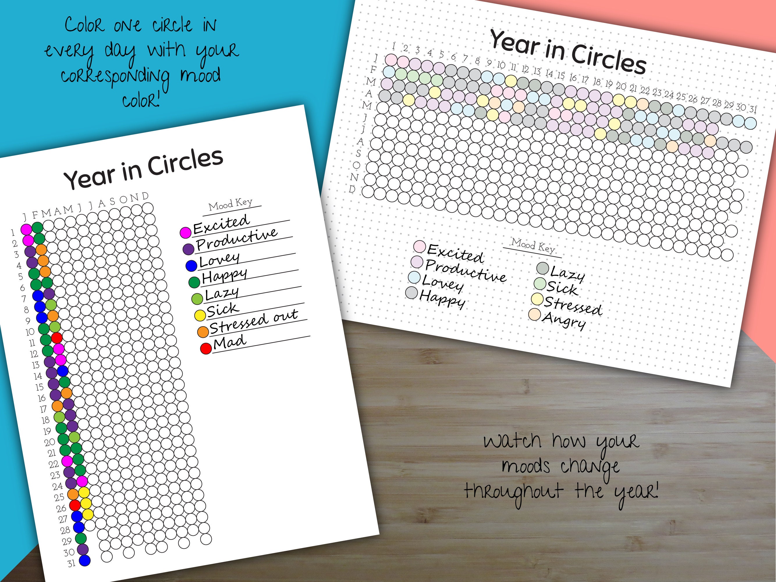 Year in Circles, Year in Pixels, Yearly Mood Tracker, Printable Planner ...