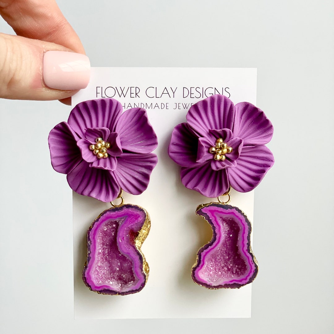 Purple Geode Druzy Flower Earrings: Handmade Polymer Clay, Gold ...