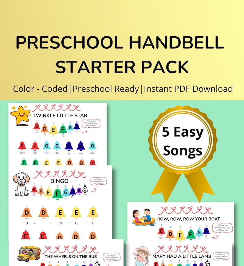 Preschool Handbell Starter Bundle: 5 Easy Color-coded Handbell Songs ...