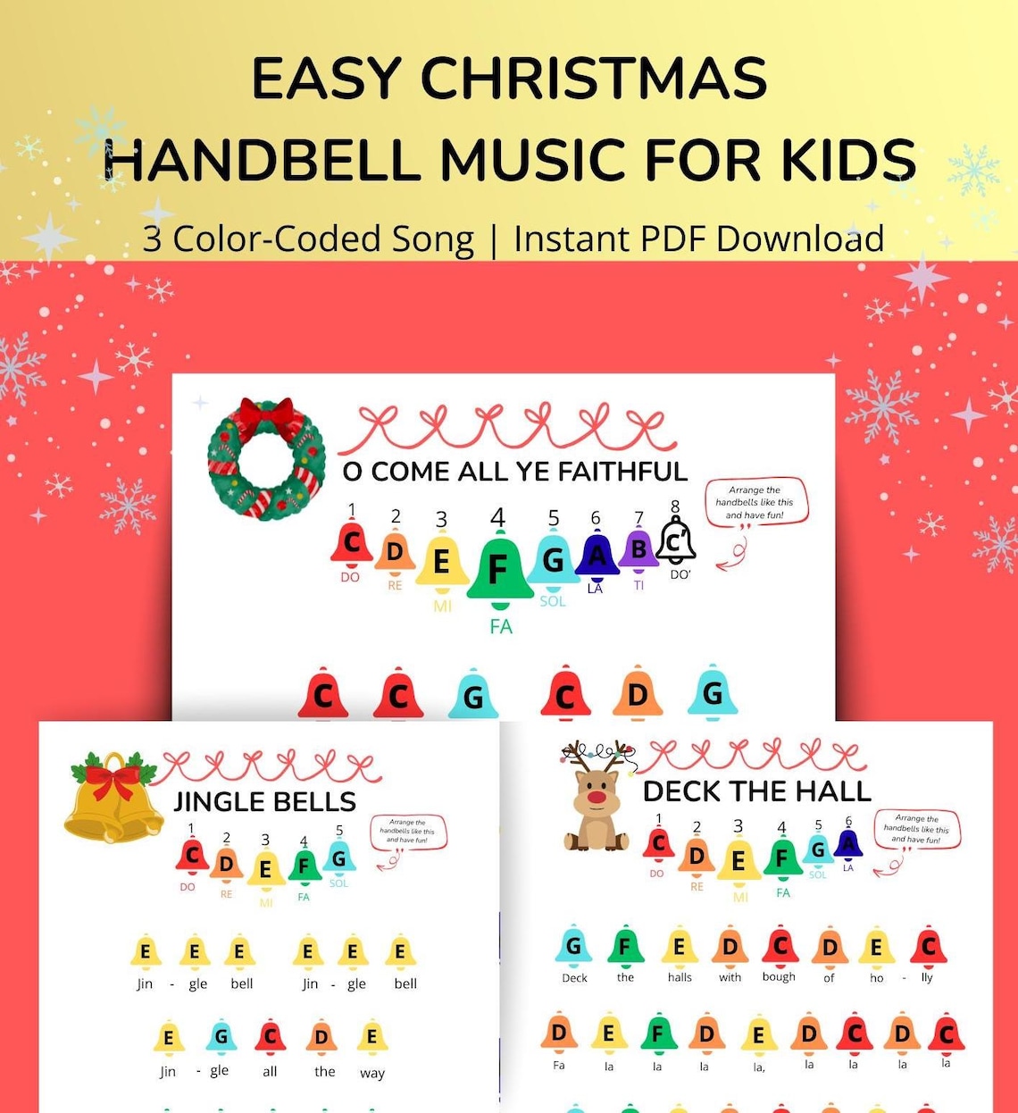 Color-coded Handbell Christmas Songs: Easy Kids Music (3 PDF) - Etsy