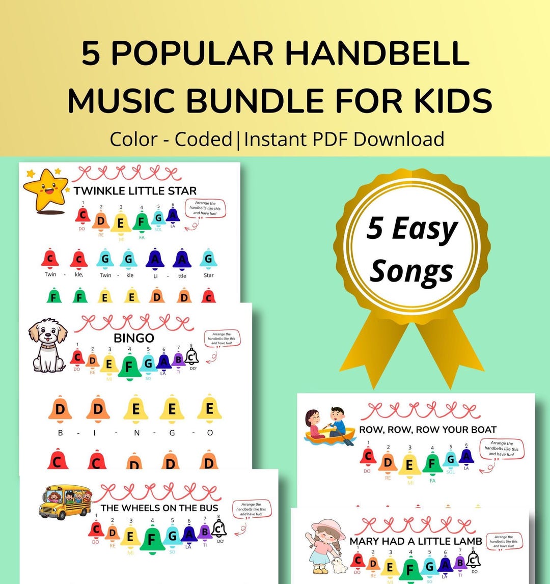 Easy Kids Handbell Songs | Color-coded Nursery Rhymes (PDF) - Etsy