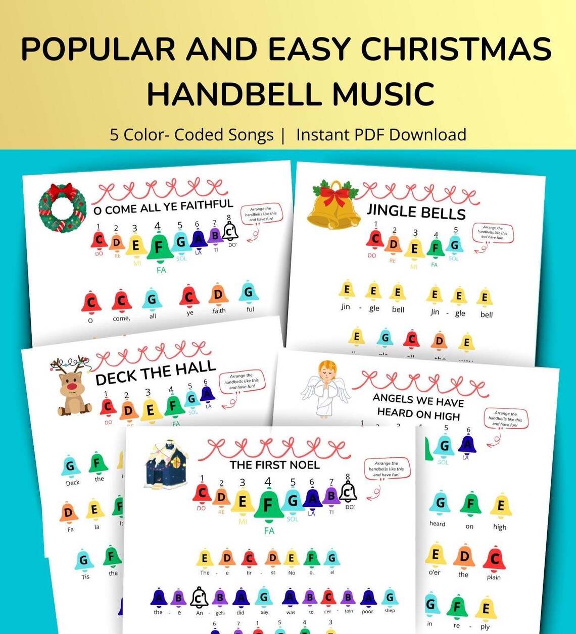 Christmas Handbell Sheet Music Bundle: 5 Color-coded Songs (PDF) - Etsy