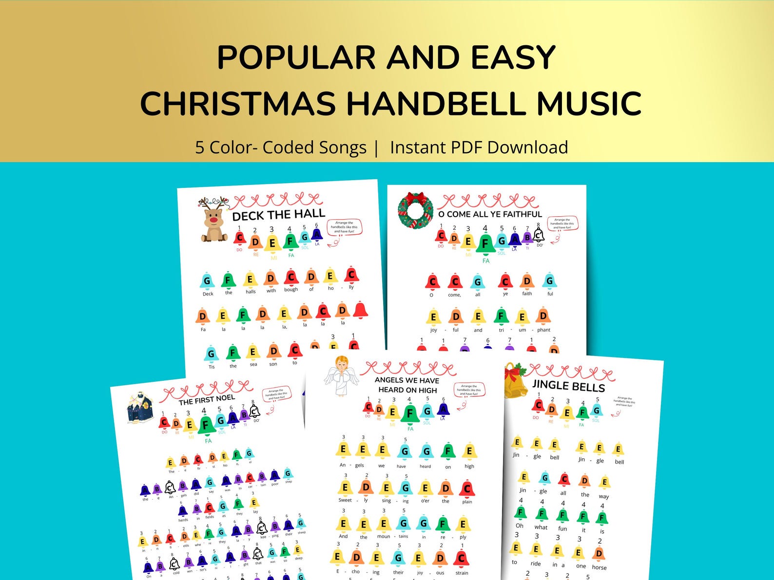 Christmas Handbell Sheet Music Bundle: 5 Color-coded Songs (PDF) - Etsy