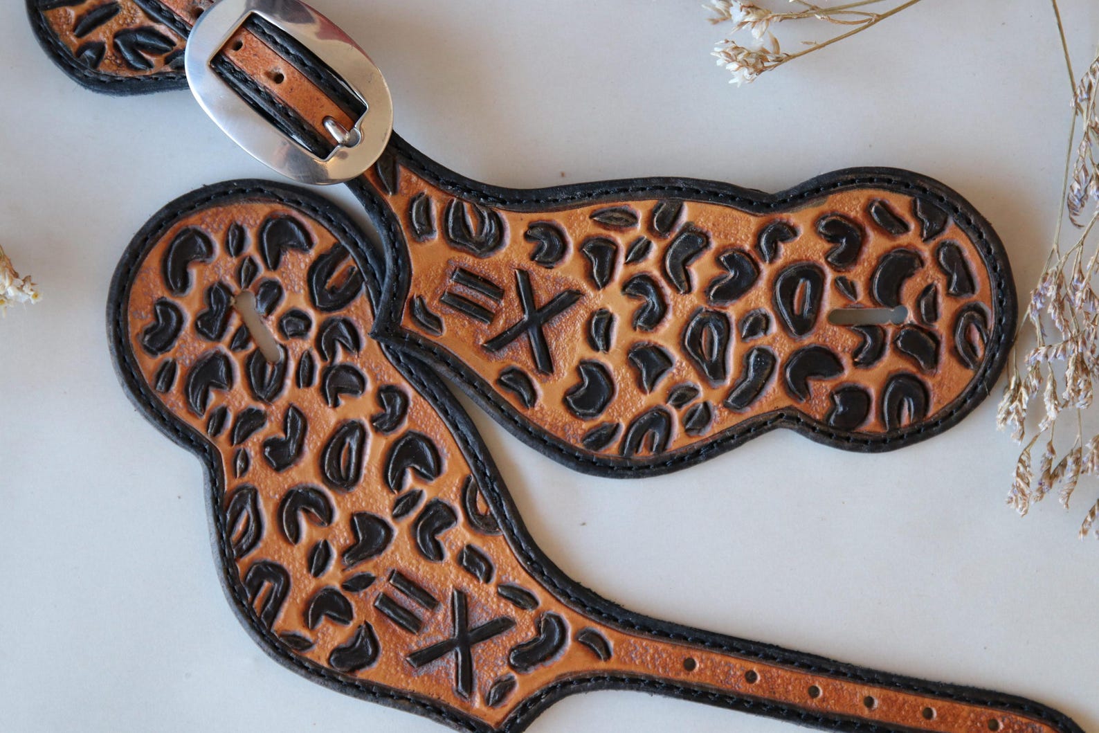 Custom Tooled Leather Spur Straps, Leopard Print Tooled Spur Straps ...