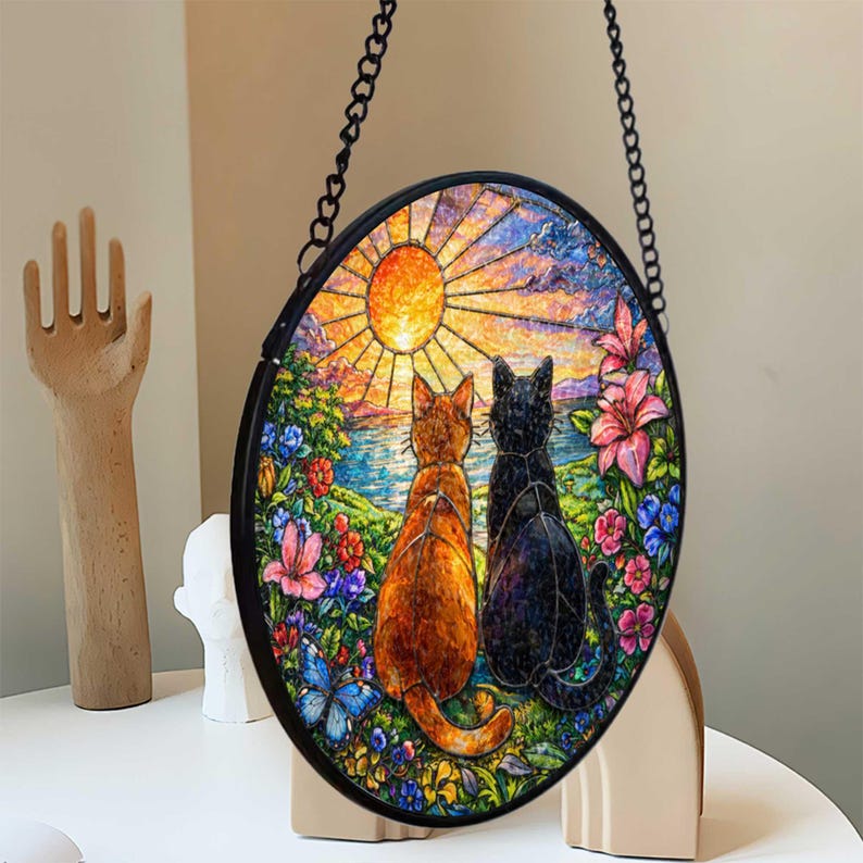 Black Orange Cat Couple Stained Glass Suncatcher, Window Stained Glass ...