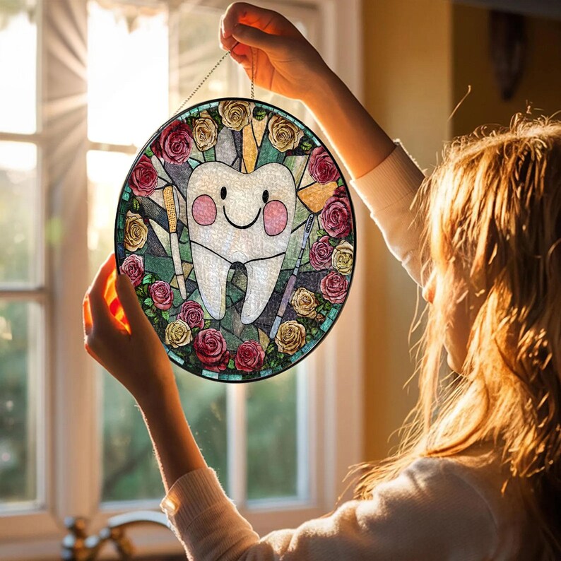 Window Stained Glass Tooth Suncatcher, Colorful Faux Stained Glass ...