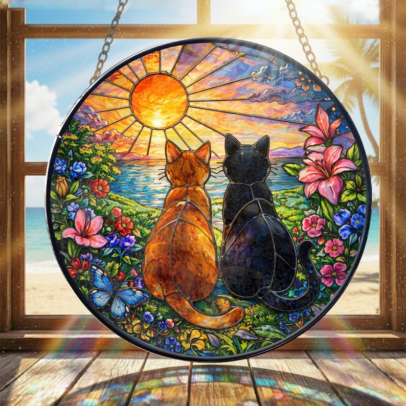 Black Orange Cat Couple Stained Glass Suncatcher, Window Stained Glass ...