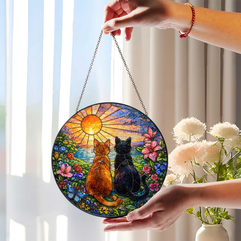Black Orange Cat Couple Stained Glass Suncatcher, Window Stained Glass ...