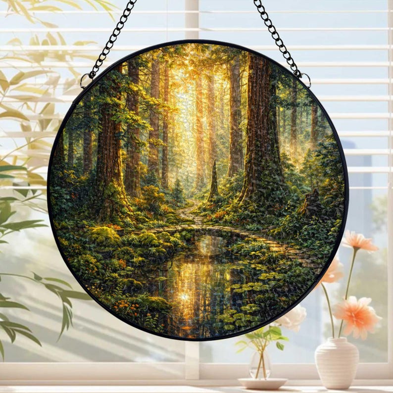 Sun Forest Window Stained Glass Suncatcher, Red Wood Glass Window ...