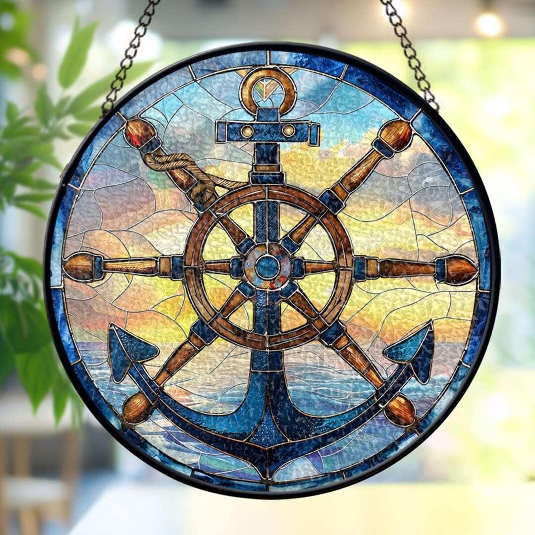 Nautical Window Stained Glass Suncatcher, Anchor and Ship Wheel Window ...