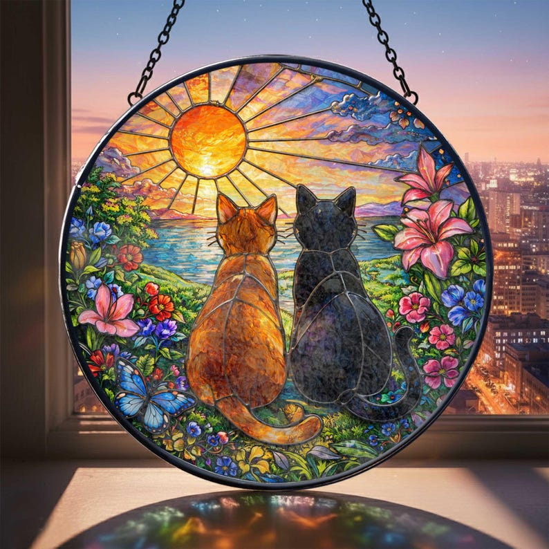 Black Orange Cat Couple Stained Glass Suncatcher, Window Stained Glass ...