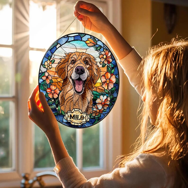 Personalized Pet Photo Stained Glass Suncatcher, Custom Dog Portrait ...