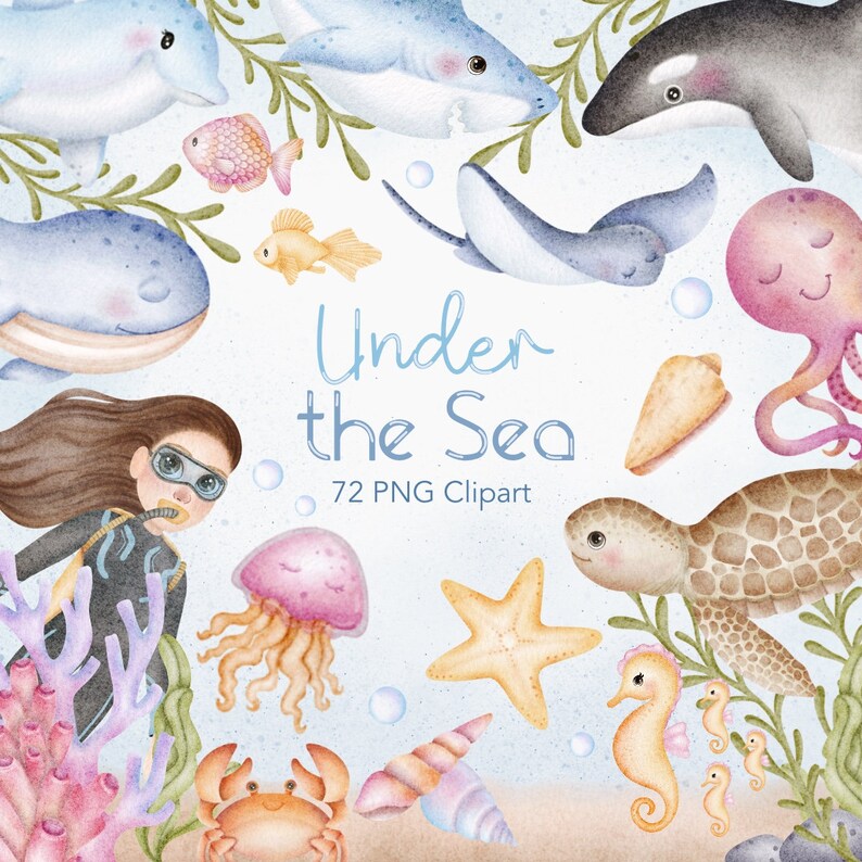 Under the Sea Digital Watercolor Clipart, Sea Animals, Undersea and ...