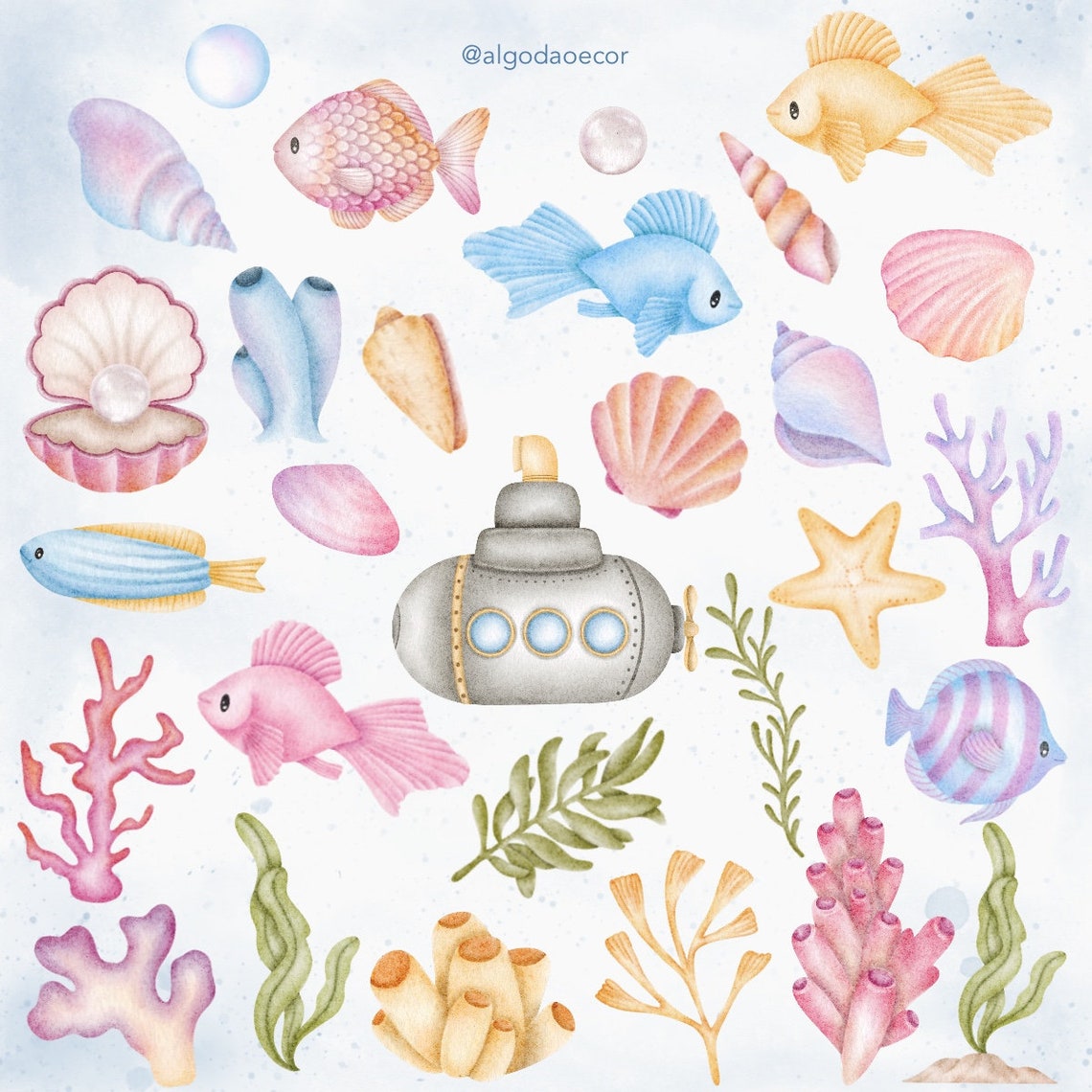Under the Sea Digital Watercolor Clipart Sea Animals - Etsy