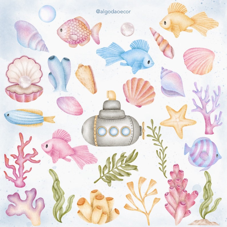 Under the Sea Digital Watercolor Clipart, Sea Animals, Undersea and ...