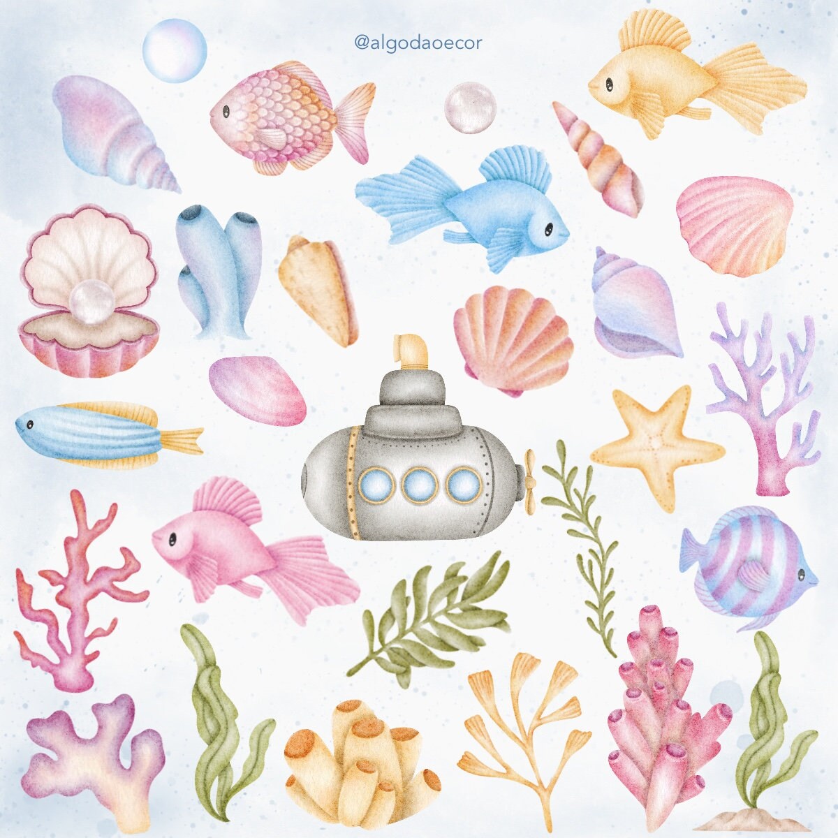 Under the Sea Digital Watercolor Clipart Sea Animals - Etsy