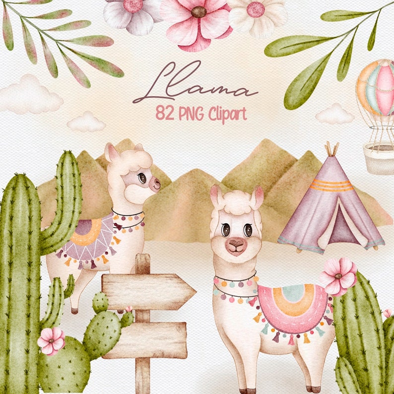 Llama Cactus Clipart Digital Watercolor - Etsy