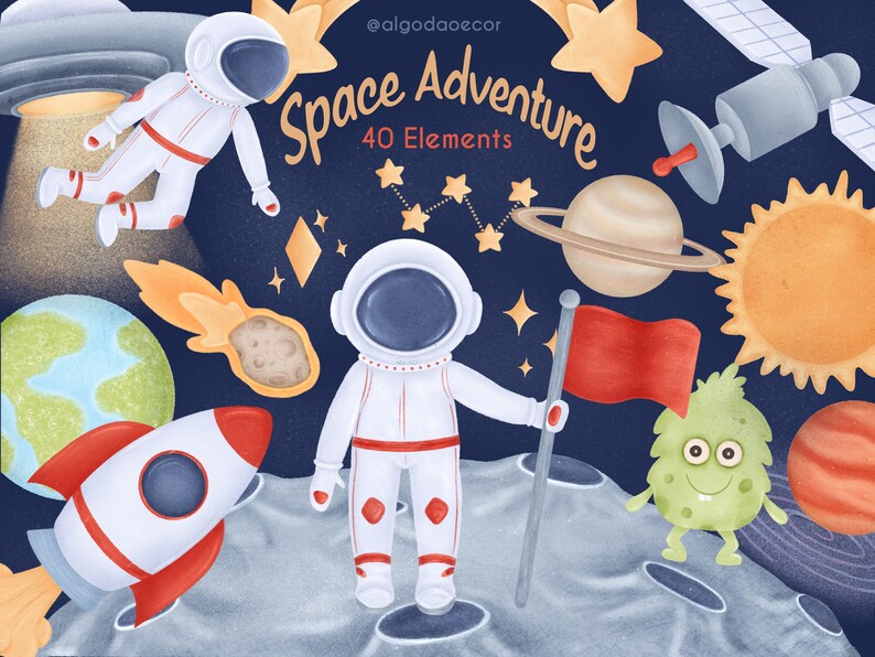Space Adventure Digital Clipart and Pattern, Astronaut and Planets ...