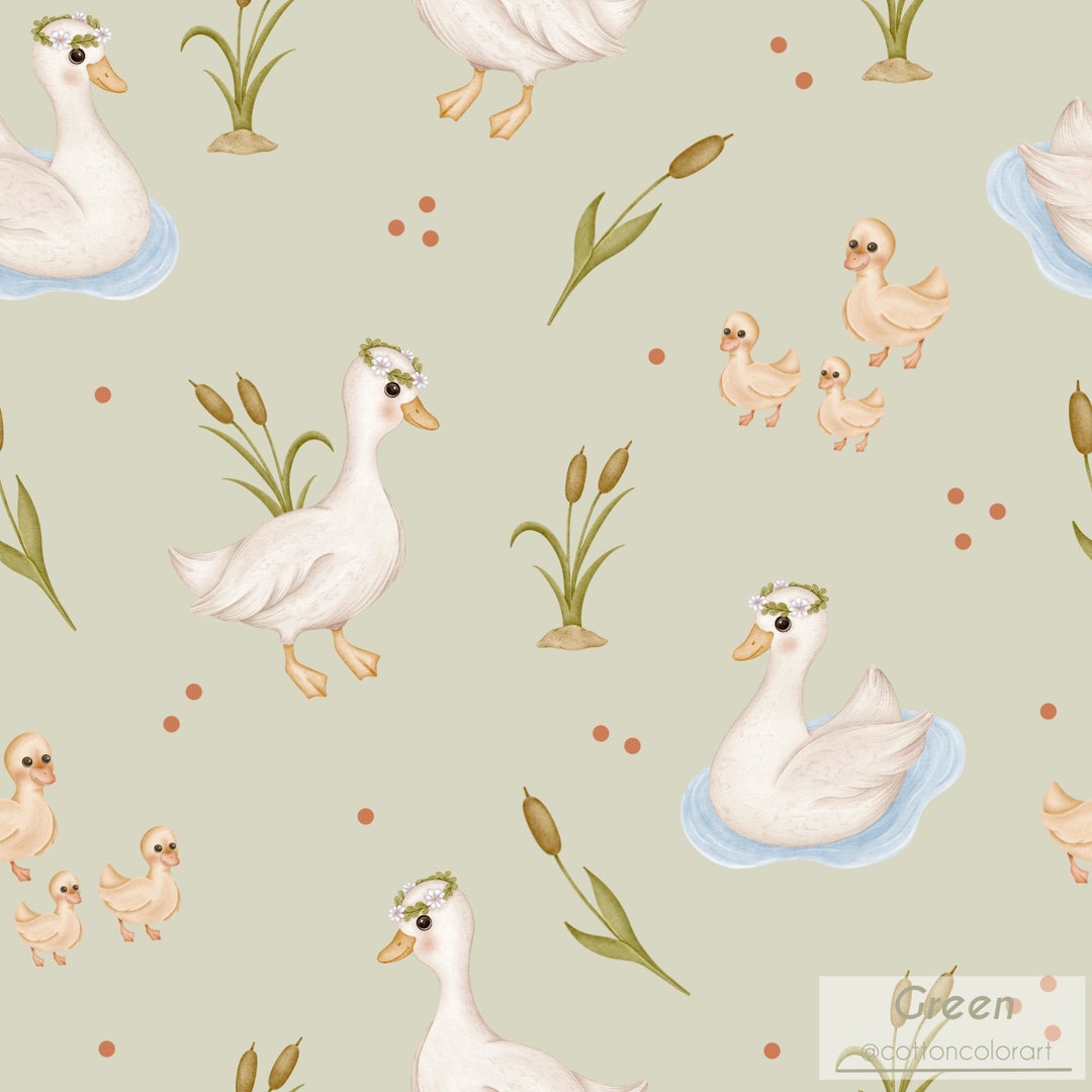 Ducks, Duckling and Cattail Seamless Pattern, Fabric Pattern, Repeat ...