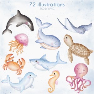 Under the Sea Digital Watercolor Clipart, Sea Animals, Undersea and ...