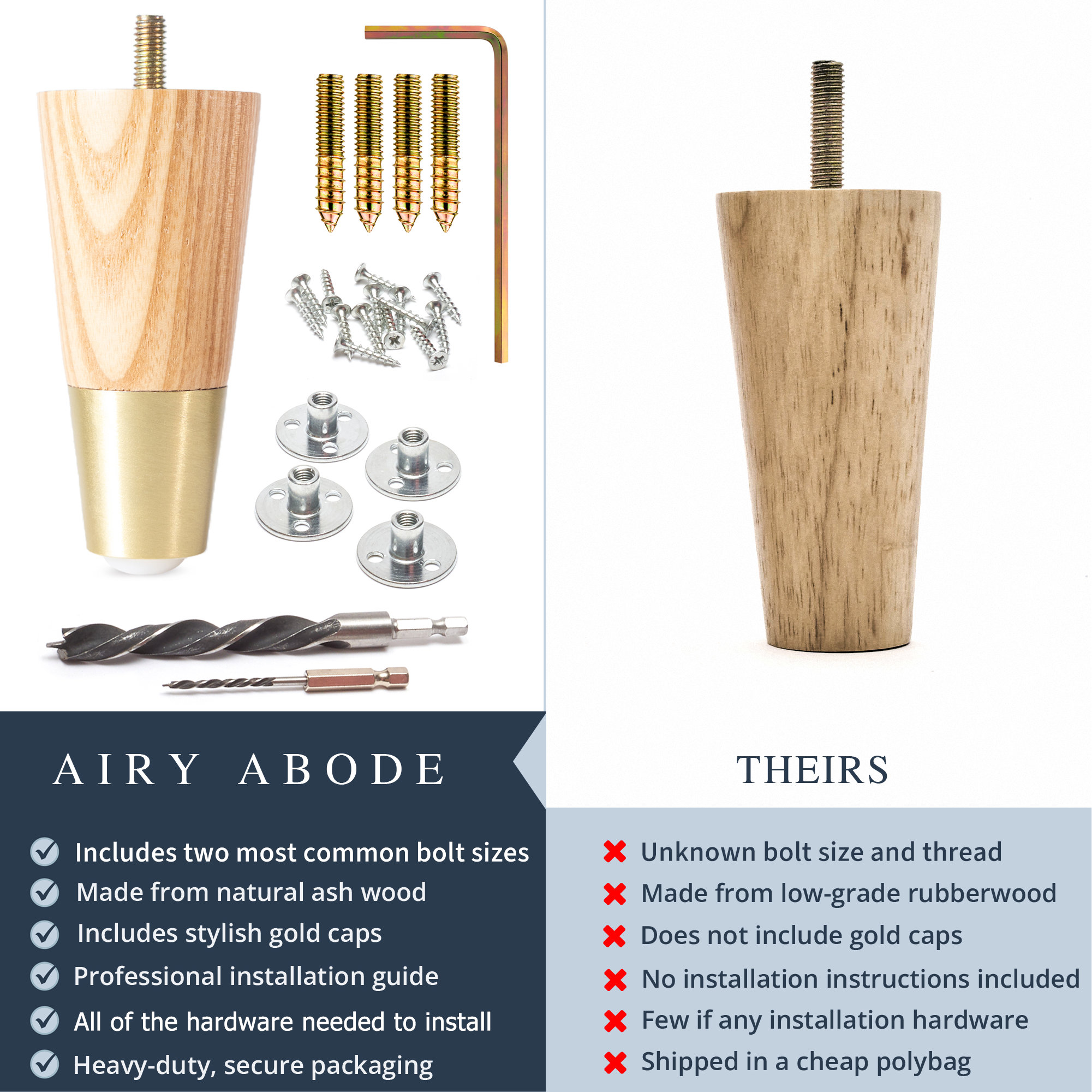 Furniture Legs Set of 4 Premium 8 Inch Ash Wood With Gold Mid - Etsy