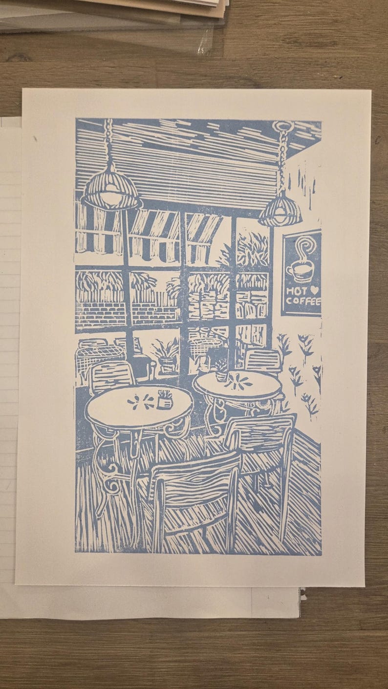 Deli Cafe - Linocut Cafe Print -coffee Shop Wall Art - Handmade Bistro ...