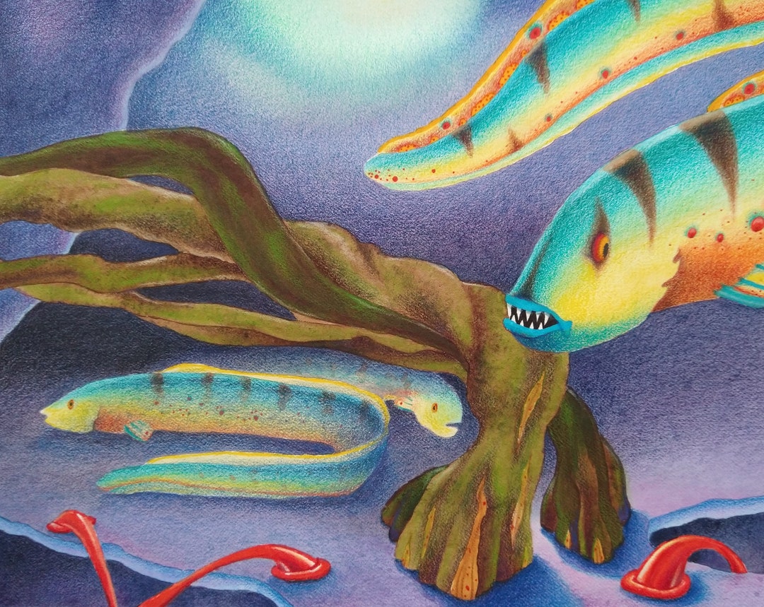 Original Colored Pencil and Watercolor Painting, Eel Nest 8 X 11 2019 ...