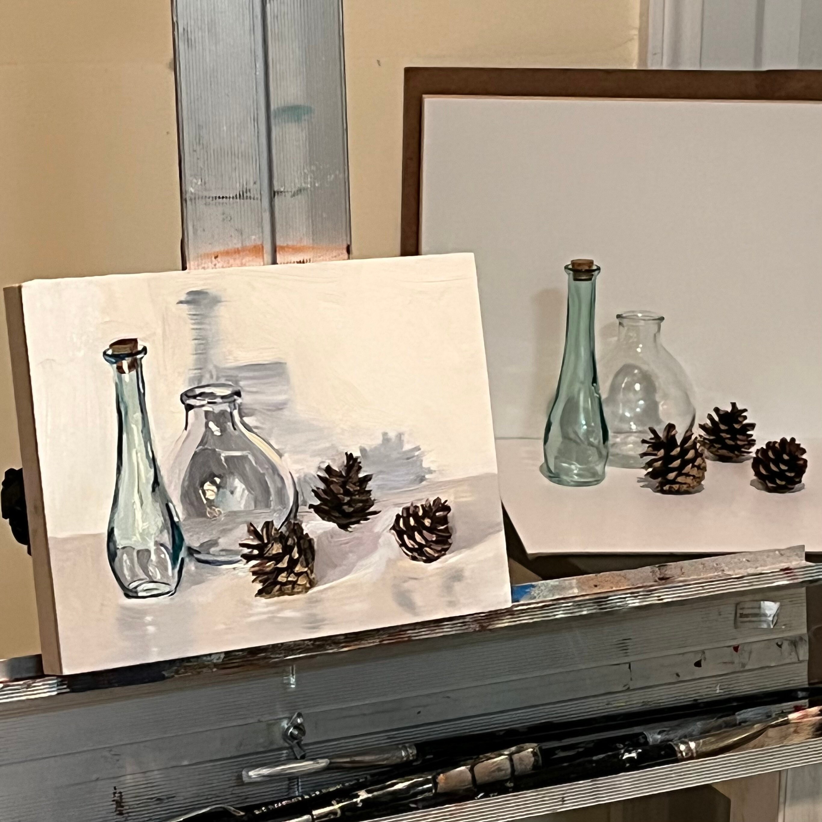Pine Cone Painting, Original Oil, Nature Still Life, Glass Bottles ...
