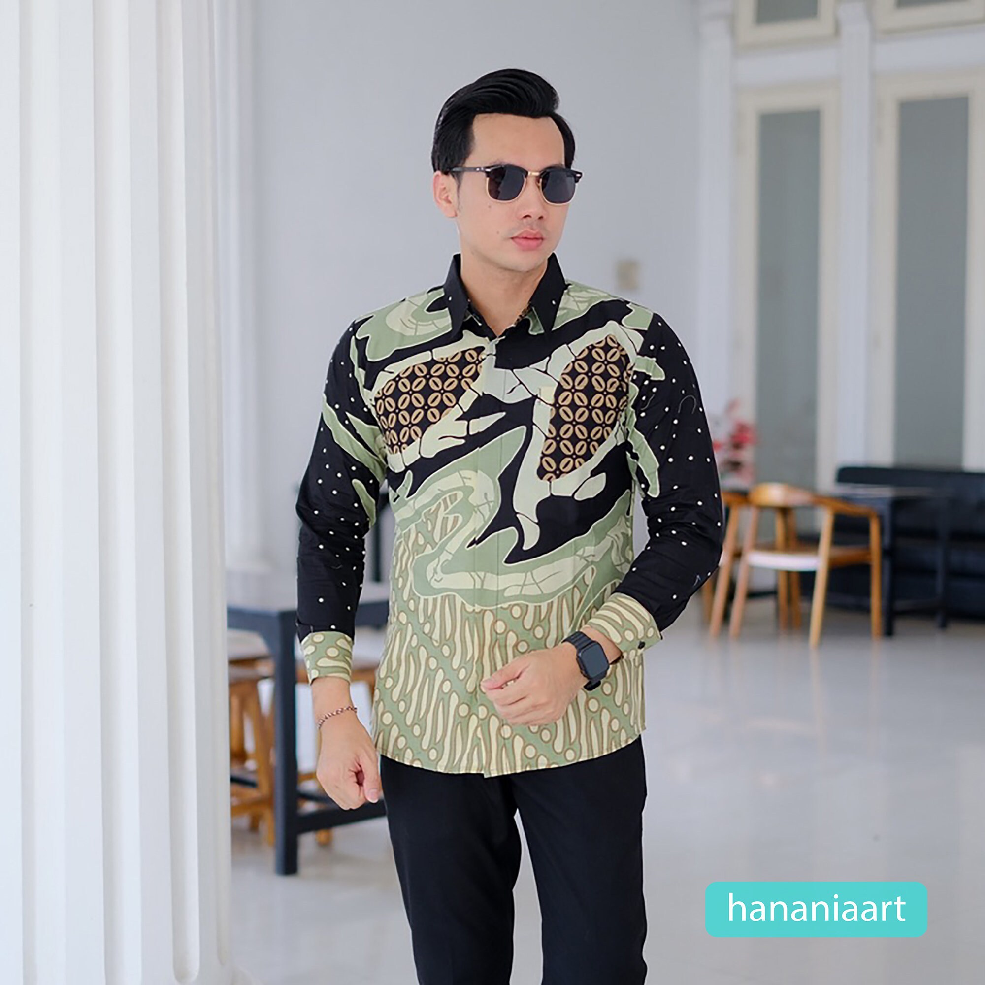 Serene Sage Green Brown Parang Men's Long-sleeve Batik Shirt by Bianca ...