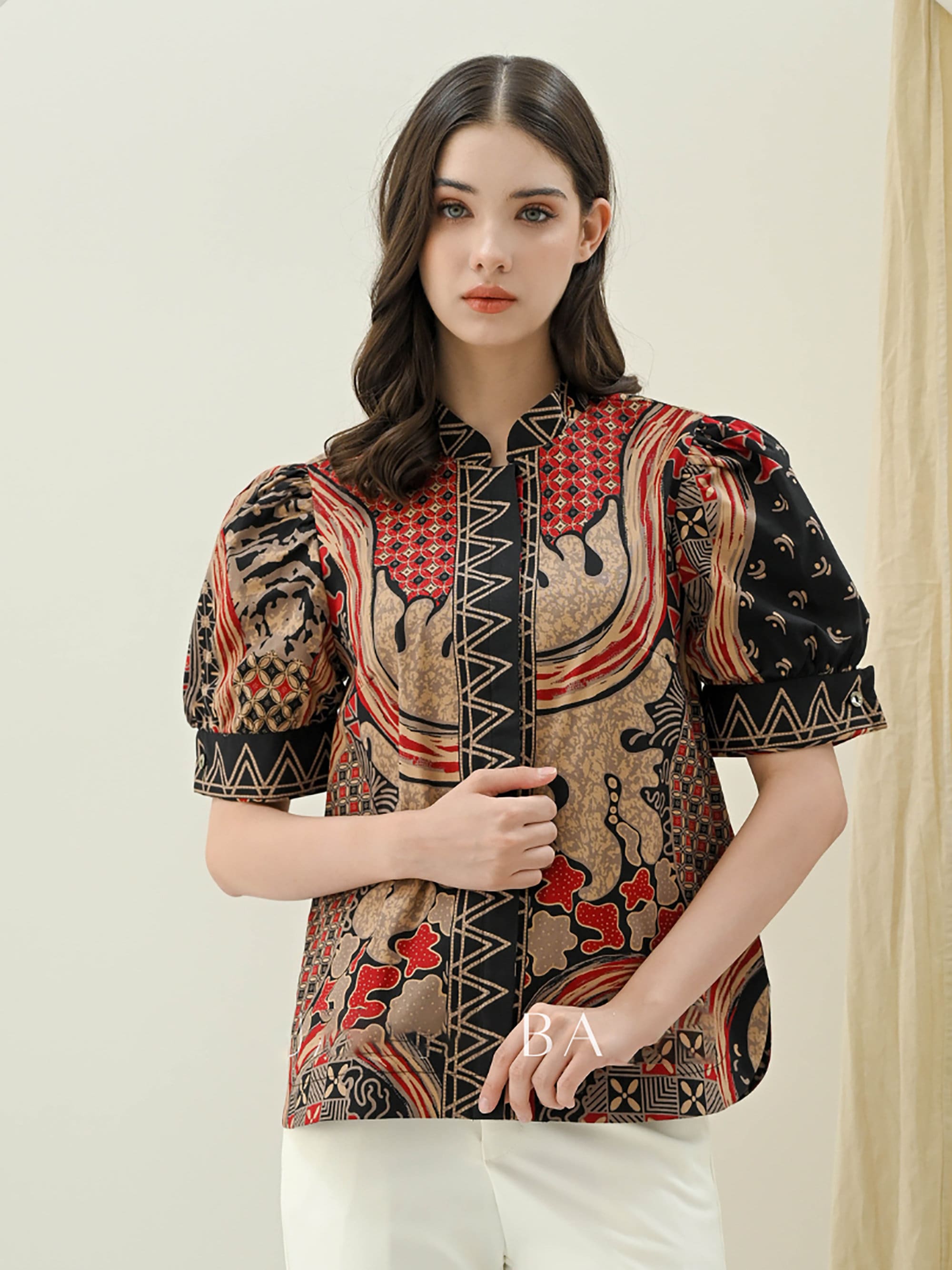 Chic Short Sleeve Batik Blouse Formal Office Wear in Stretch Cotton ...