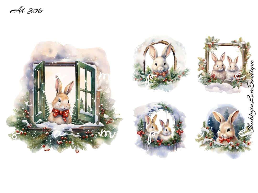 Decoupage Rice Paper, A4 306 Vintage Christmas Bunnies Rabbits Paper ...