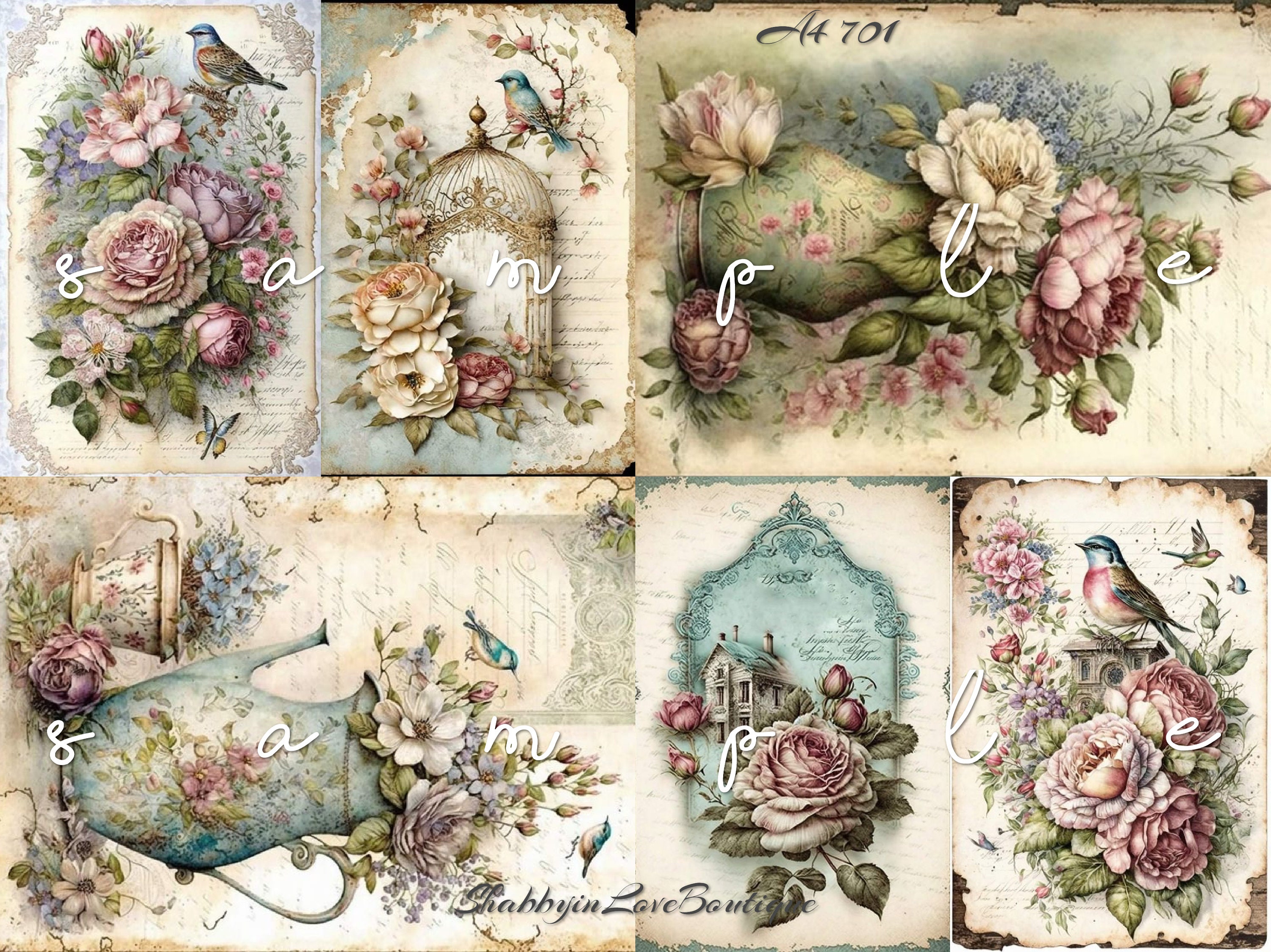 Decoupage Rice Paper, A4 701 Shabby Chic Vintage Birds and Roses ...