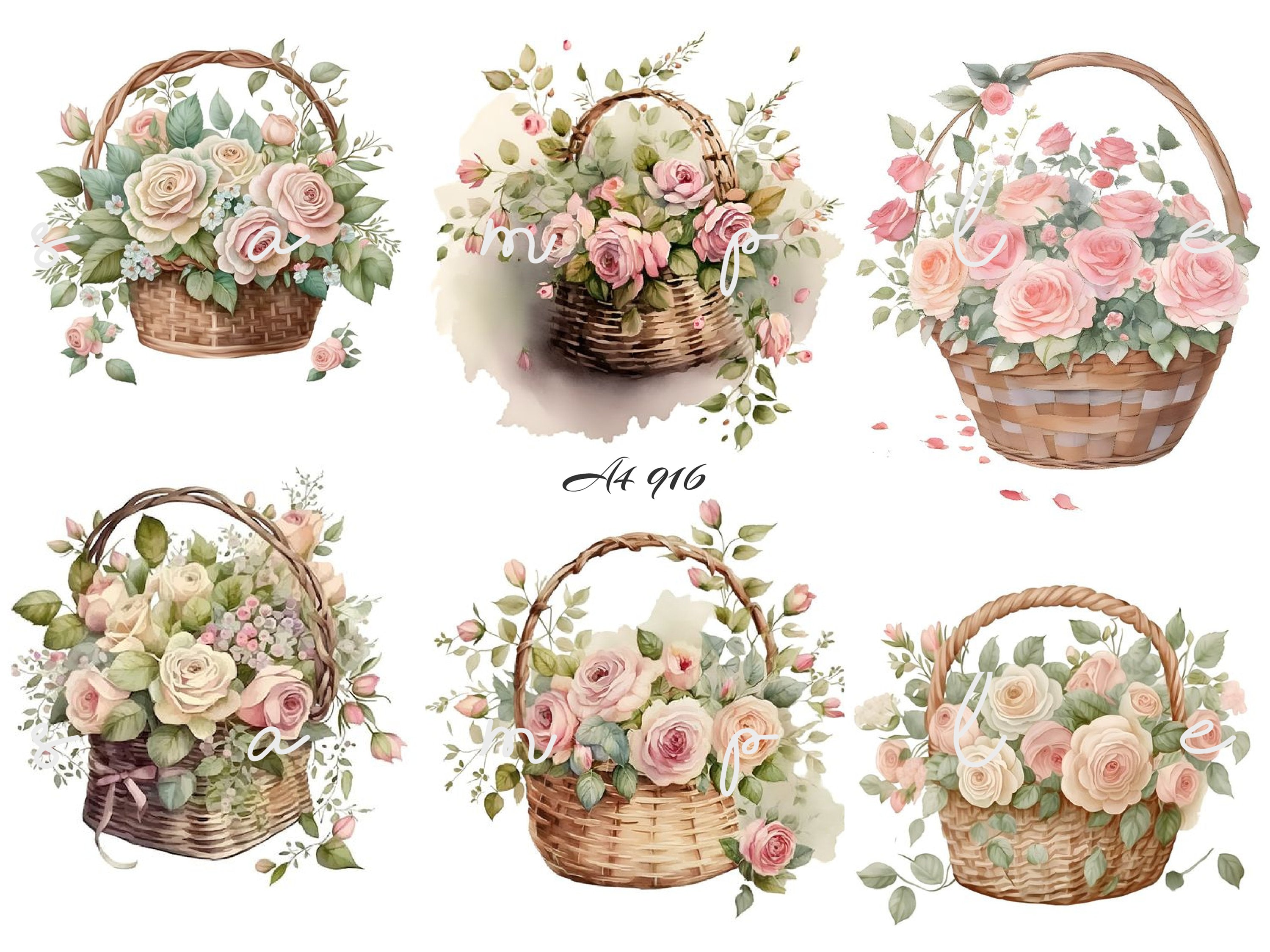 Decoupage Rice Paper, A4 916 Shabby Chic Vintage Pink Rose Baskets ...