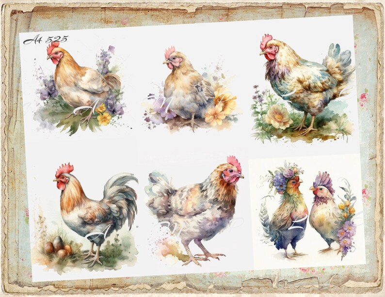 Decoupage Rice Paper, A4 525 Vintage Watercolor Chicken Rooster ...