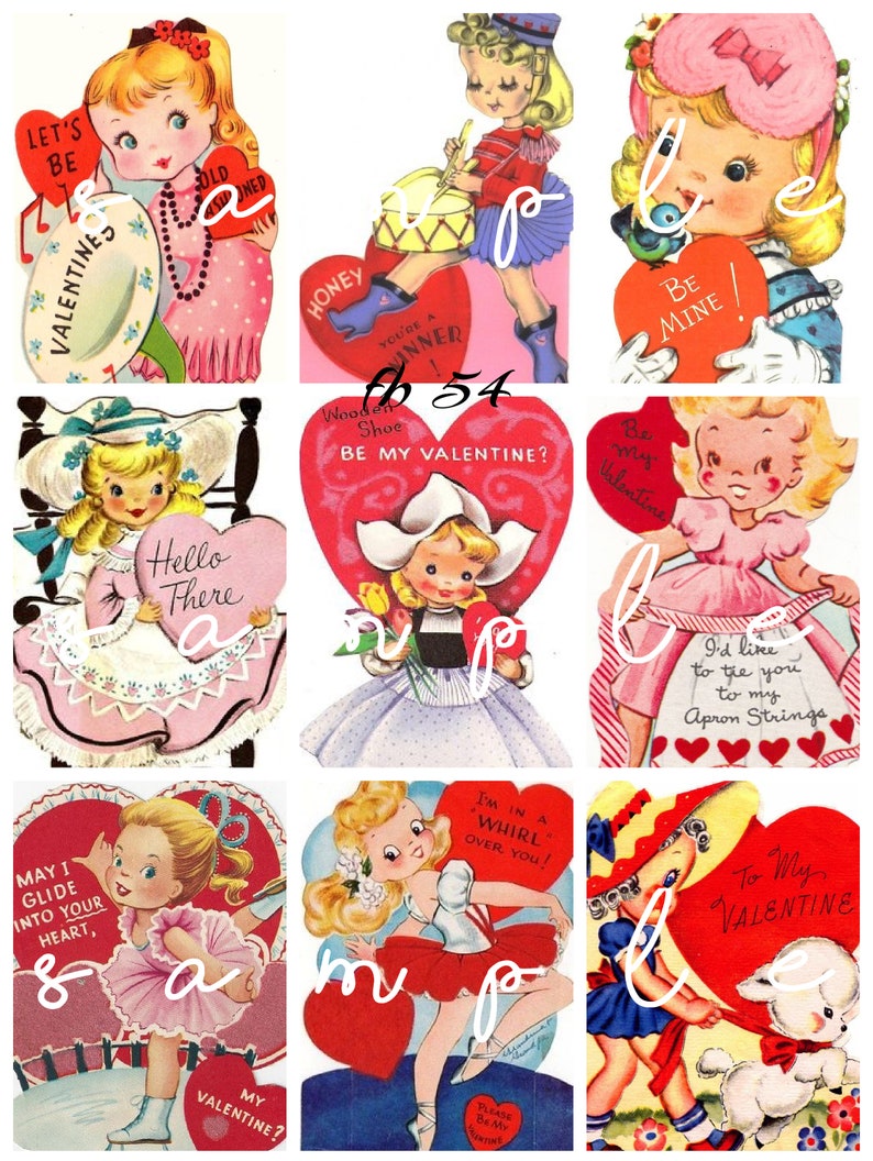 Vintage Retro 50's Valentine's Day Cards 9 2 1/4 X 3 approx. Prints on ...