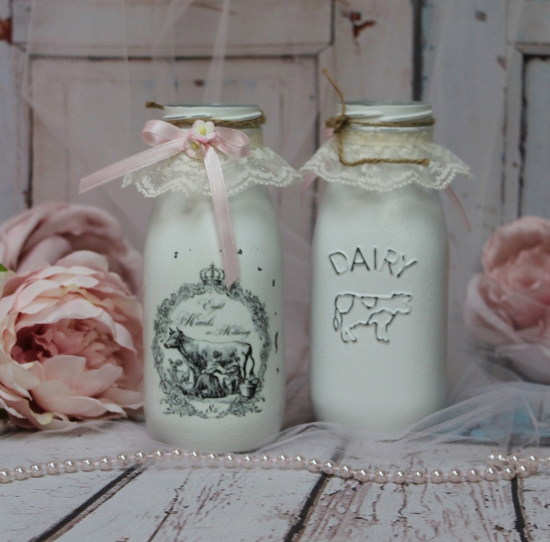 Vintage Farmhouse French Country Decorative Milk Bottles Set of Two ...