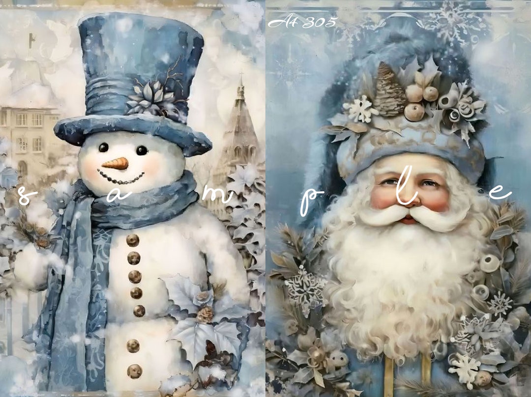 Decoupage Rice Paper A4 305 Shabby Chic Vintage Blue Christmas Snowman ...