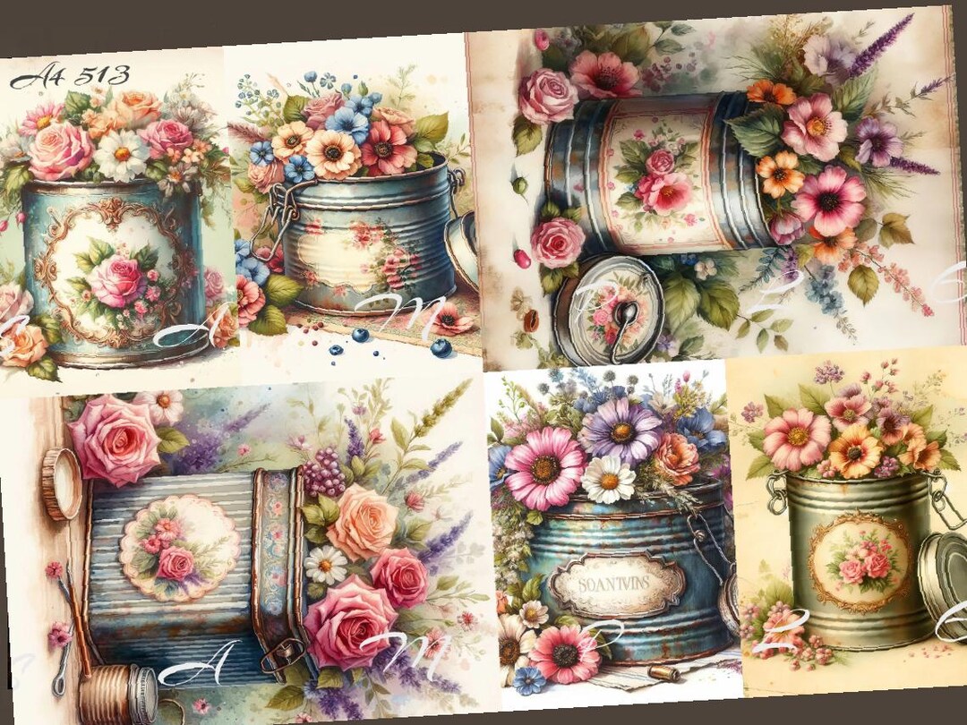 NEW! Decoupage Rice Paper, A4 513 Shabby Chic Vintage Cans With Flowers ...