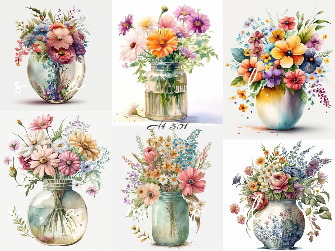 Decoupage Rice Paper A4 501 Shabby Chic Vintage Watercolor Flowers in a Vase Decoupage Paper ...