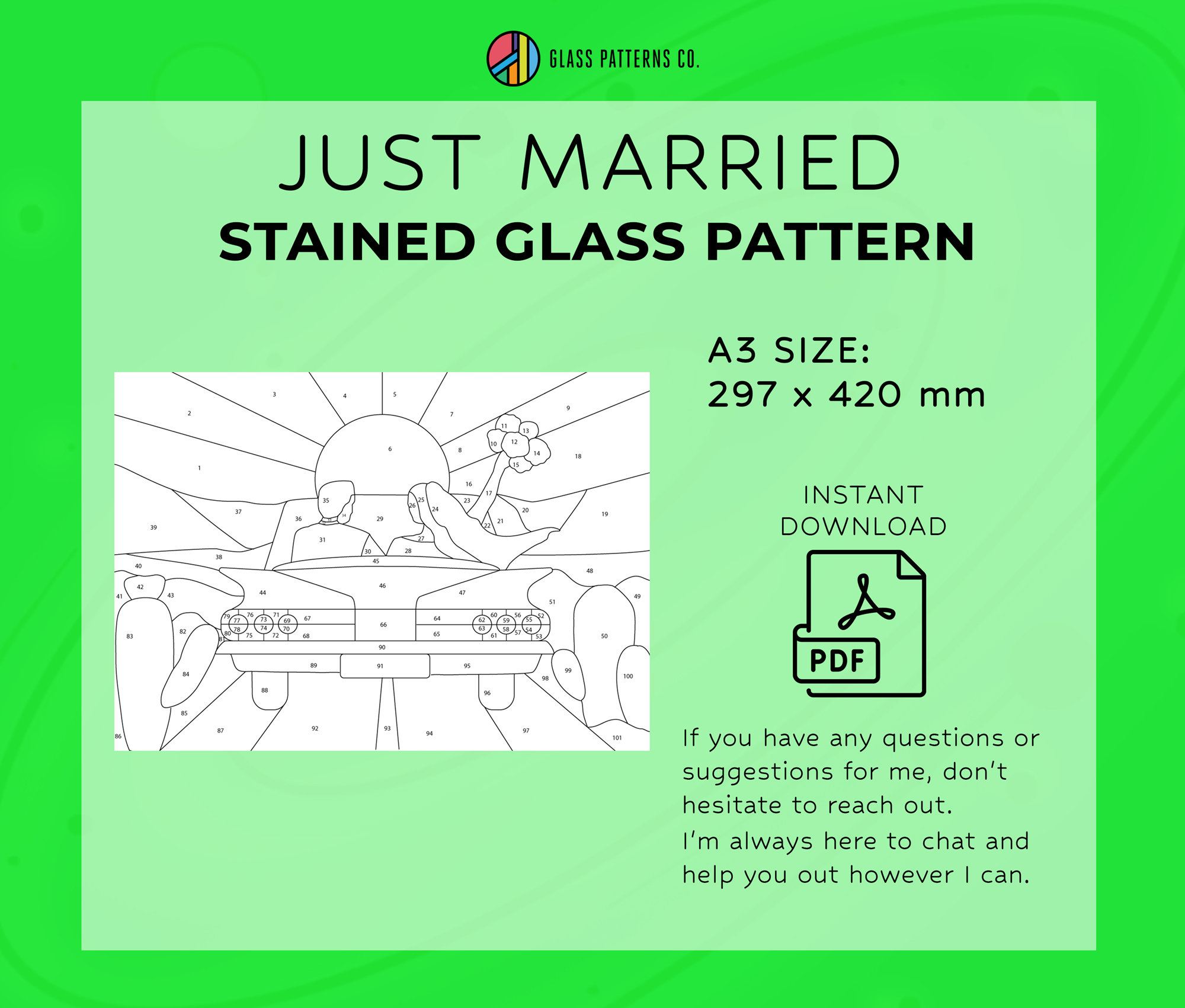 Just Married Stained Glass Pattern | Instant DOWNLOAD | Wedding Design ...