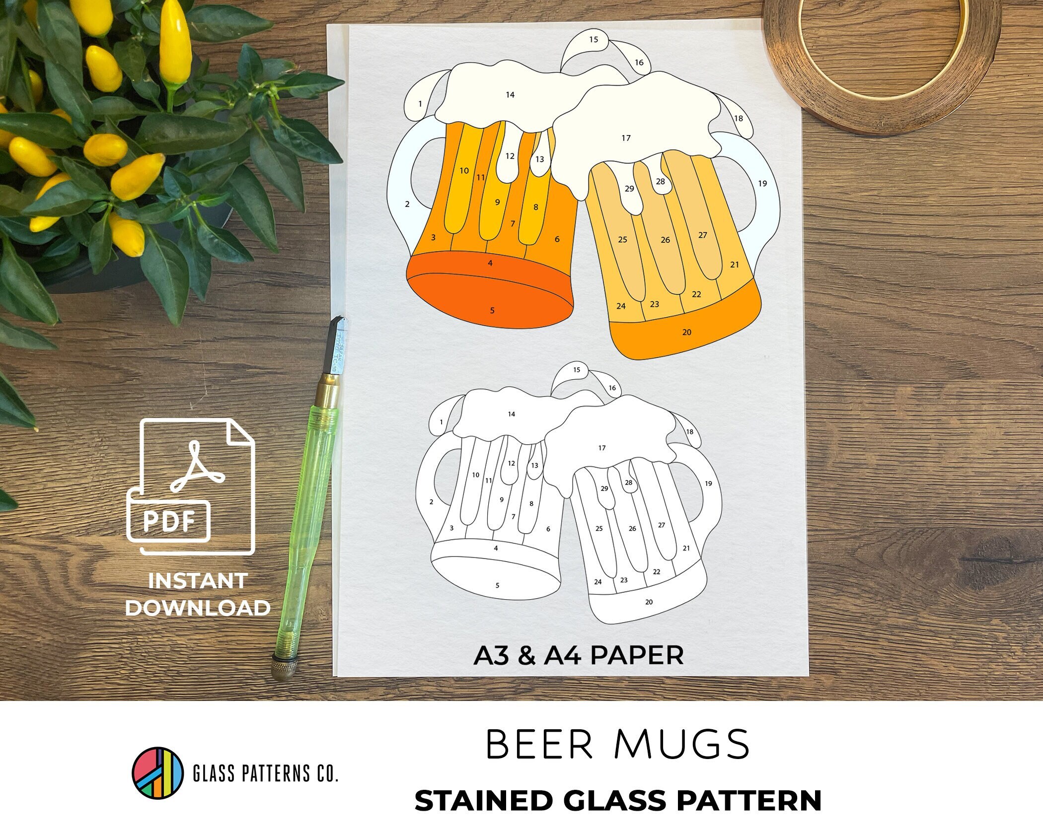 Beer Mugs Stained Glass Pattern | Drinks | Pint | Glass | Digital ...
