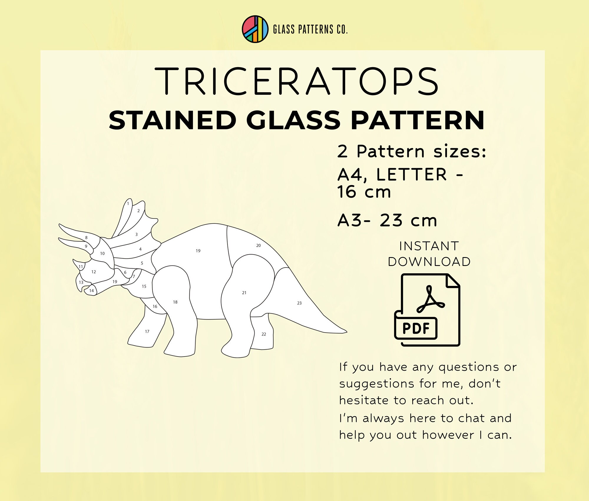 Triceratops Stained Glass Pattern: Dinosaur Printable (digital Download ...