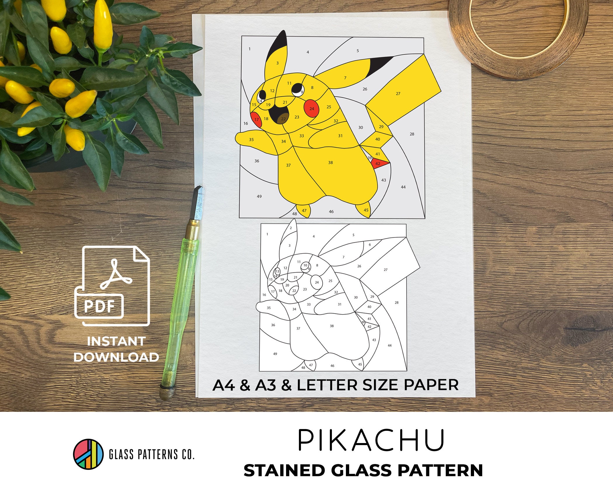 Pikachu Stained Glass Pattern | DIGITAL DOWNLOAD | Pokemon| Beginner | Pdf | A4 | A3 | Letter ...